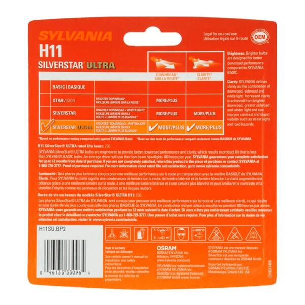 SYLVANIA H11 SilverStar ULTRA Halogen Headlight Bulb, 2 Pack