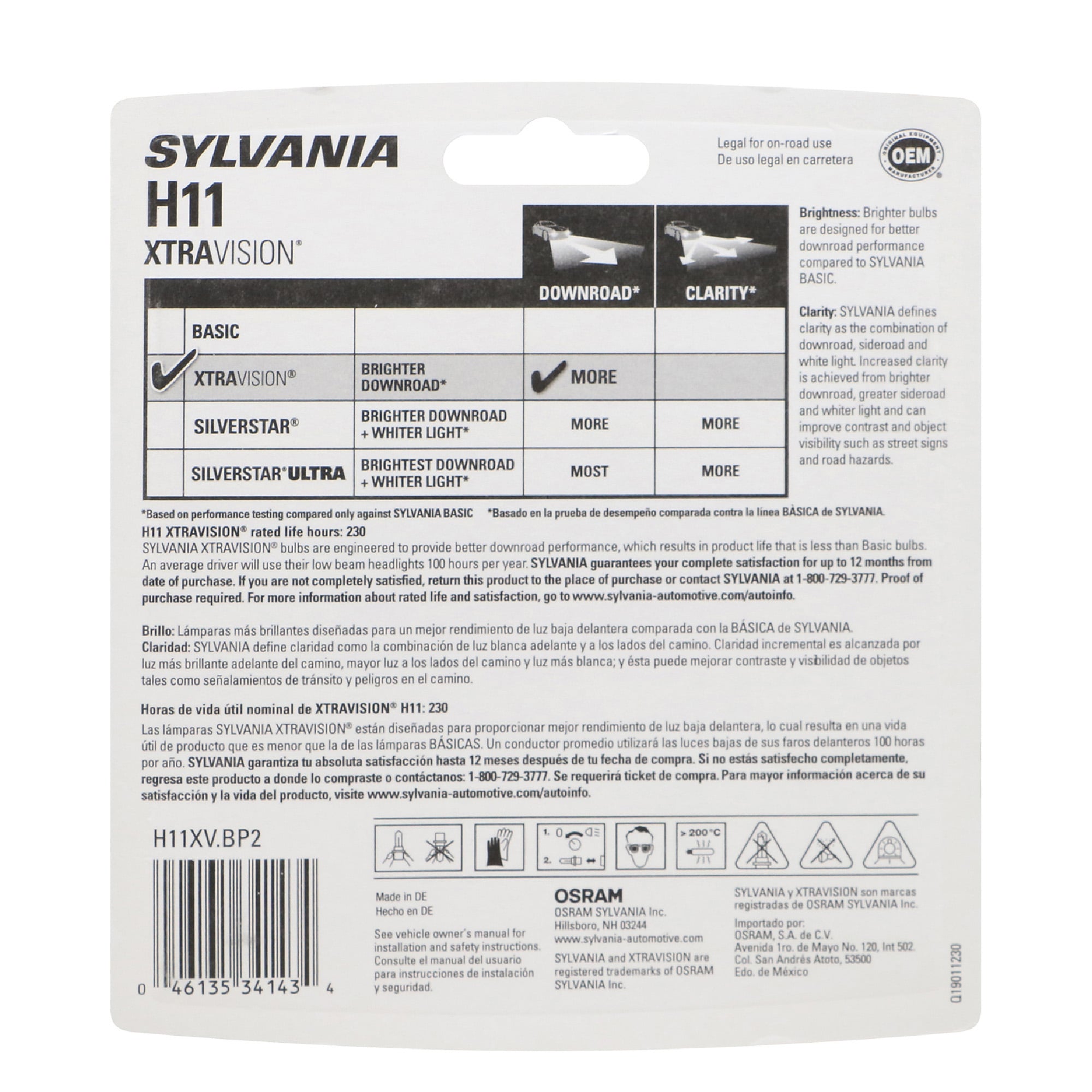 SYLVANIA H11 XtraVision Halogen Headlight Bulb, 2 Pack