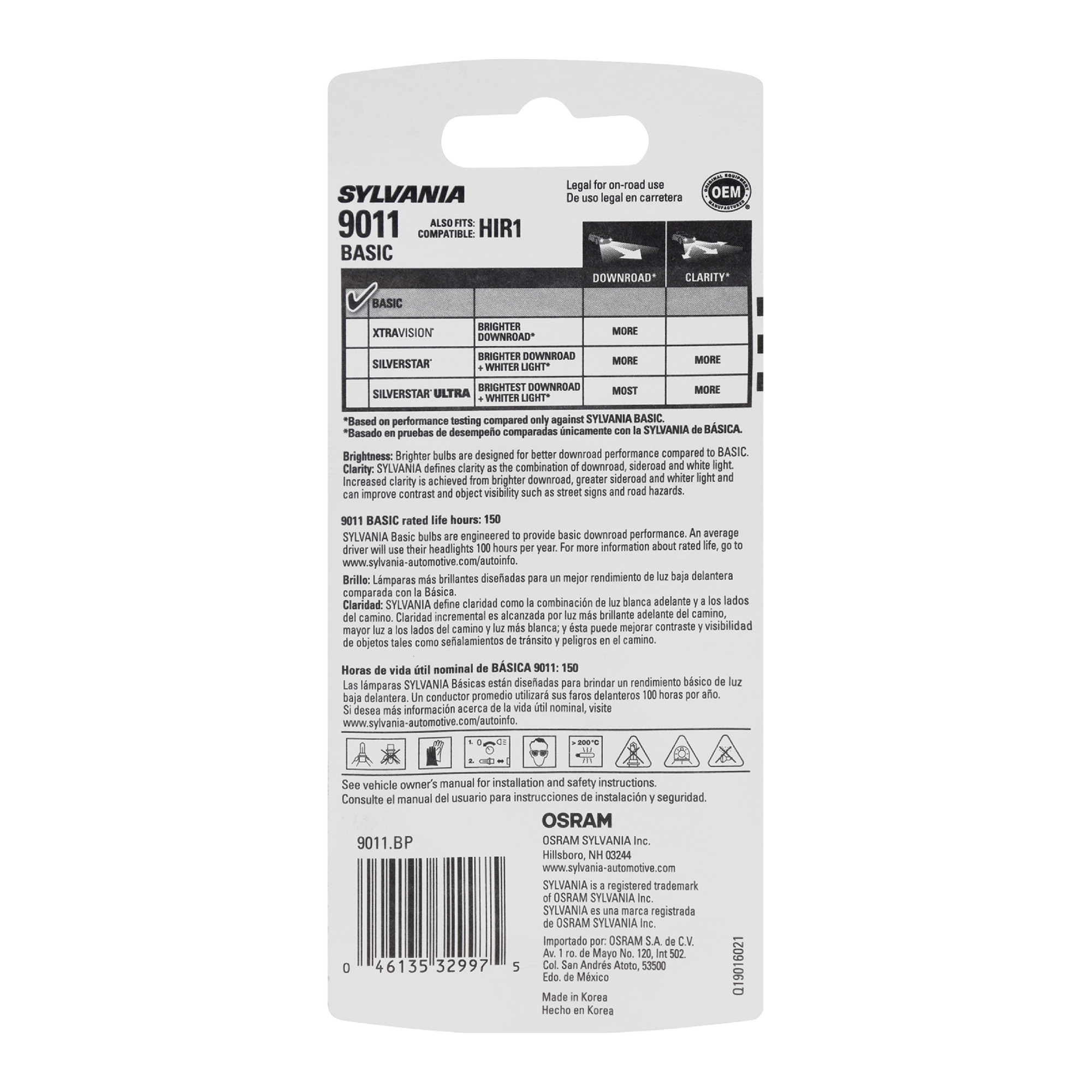 SYLVANIA 9011 Basic Halogen Headlight Bulb, 1 Pack