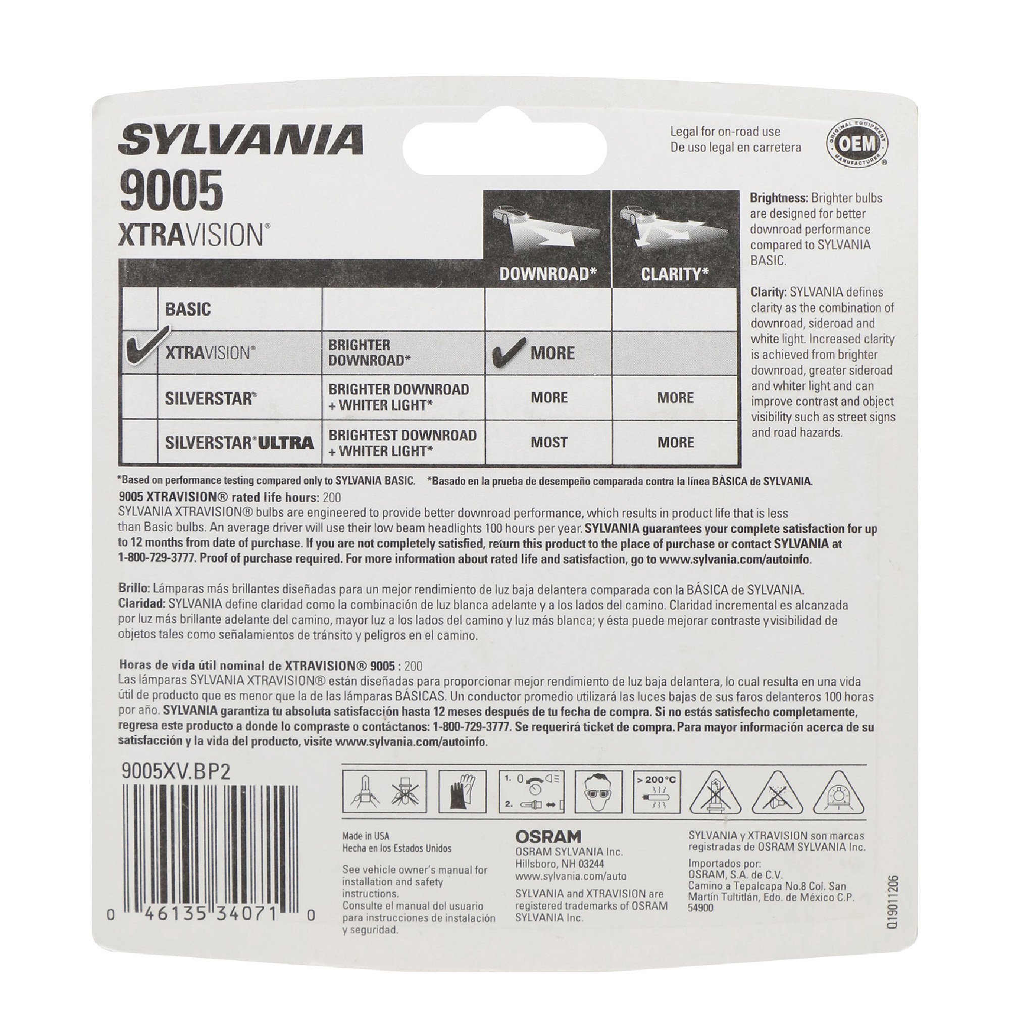 SYLVANIA 9005 XtraVision Halogen Headlight Bulb, 2 Pack