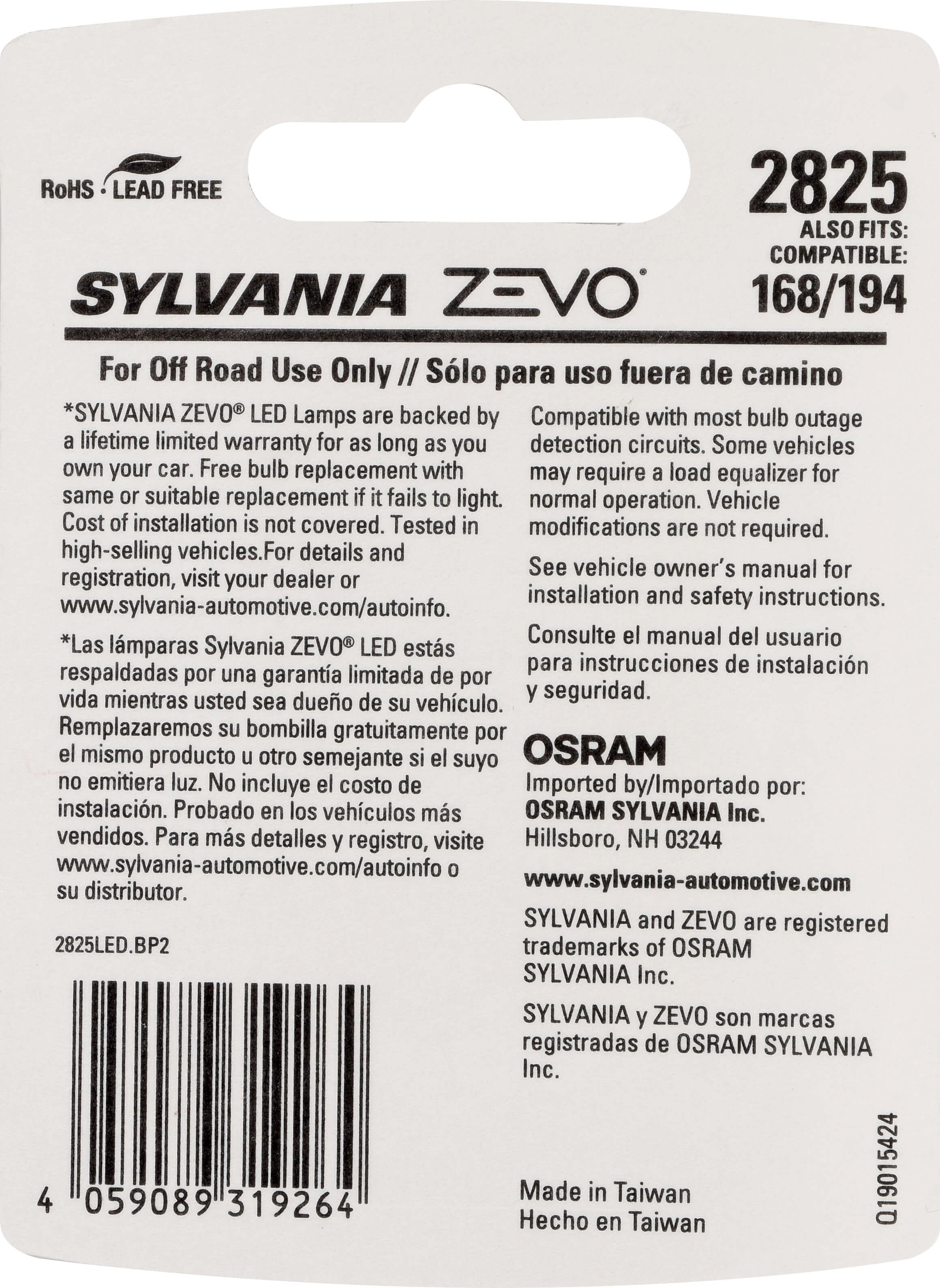 SYLVANIA 2825 WHITE ZEVO LED Mini, 2 Pack