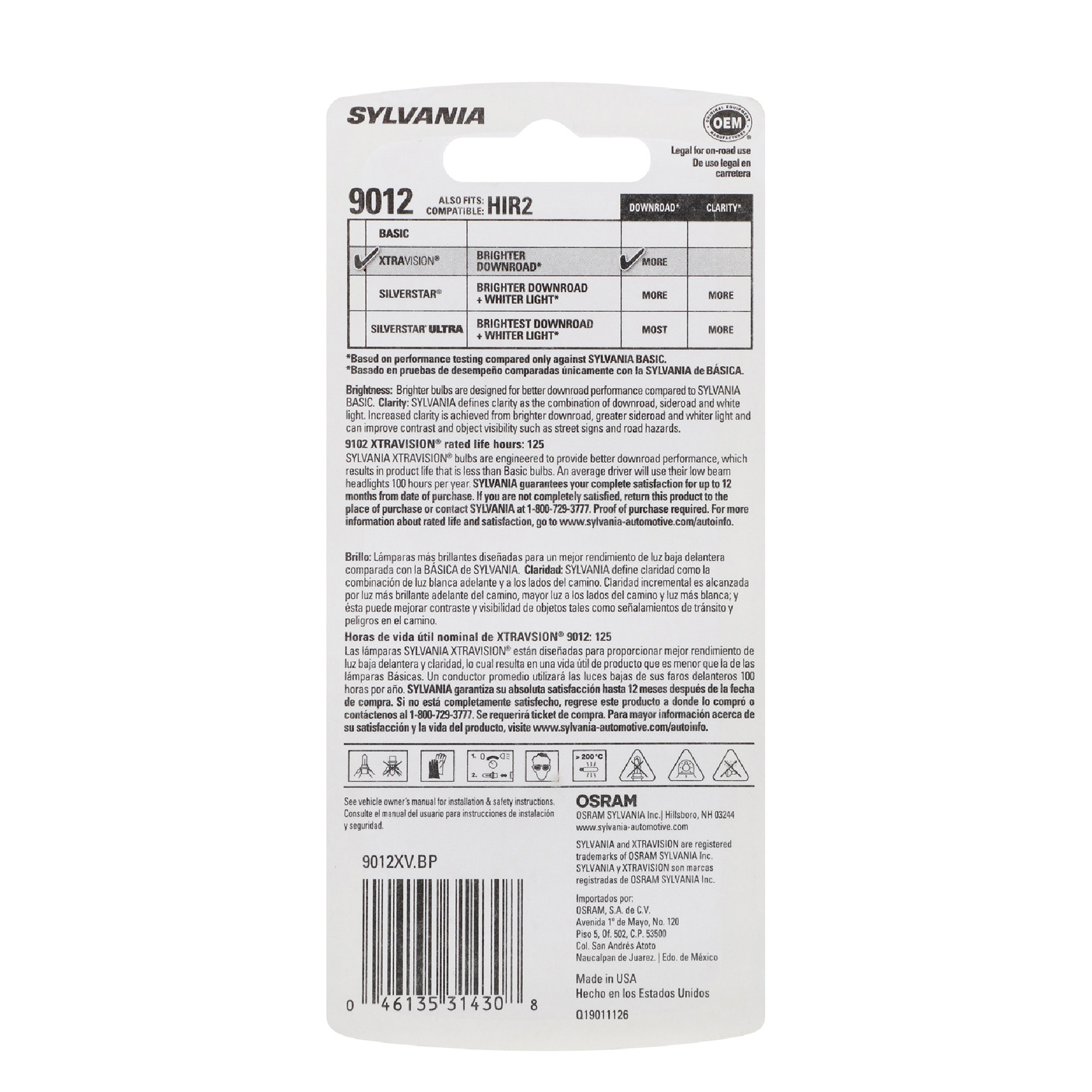 SYLVANIA 9012 XtraVision Halogen Headlight Bulb, 1 Pack